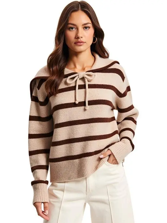 MODENAIRE Striped Crewneck Sweater With Sailor Collar - Beige/brown Stripes