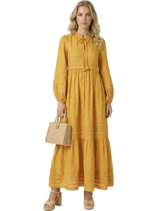 MODENAIRE Midi Shirred Neckline Tie Front Long Sleeve Tiered Hem Dress - Mustard Yellow
