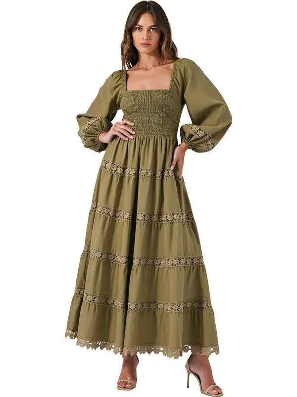 MODENAIRE Smocked Bodice Maxi Dress With Lace Inset - Olive Green
