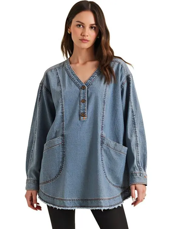MODENAIRE Woven Denim V-neck Blouse - Light Wash Blue