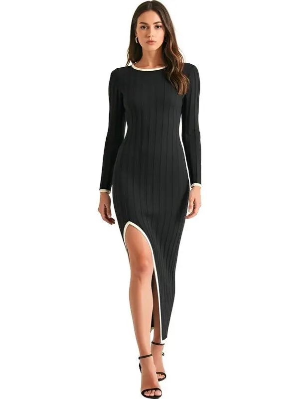 MODENAIRE Ribbed Knit Long Sleeve Midi Dress With Trim - Black/white