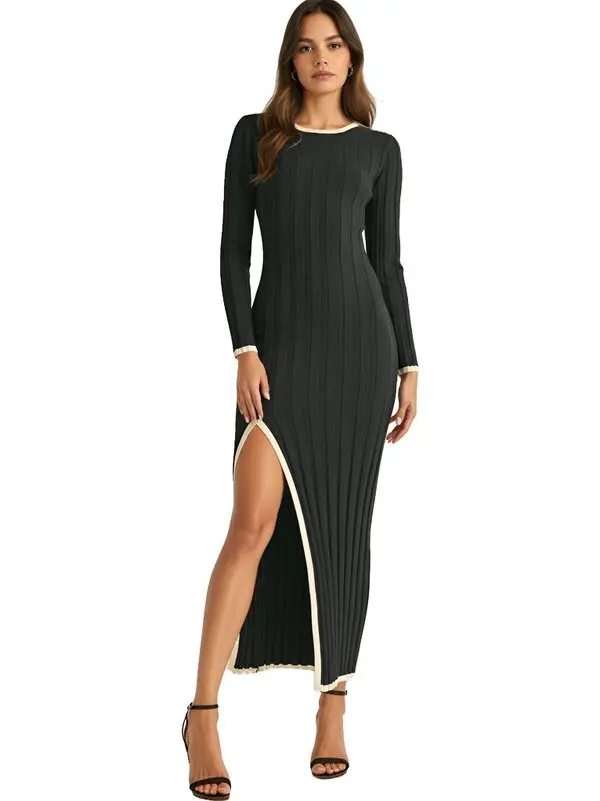 MODENAIRE Ribbed Knit Long Sleeve Midi Dress With Trim - Black/white