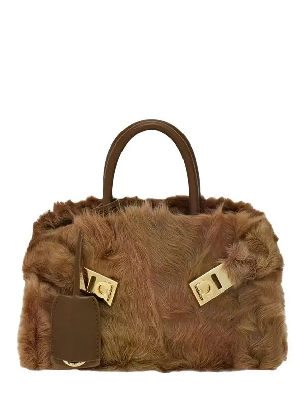FERRAGAMO Mini Hug Shearling Cross Body Bag With Buckle - Brown