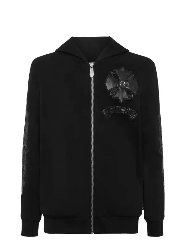 Philipp Plein Leather-insert Crest-zip Hoodie - Black