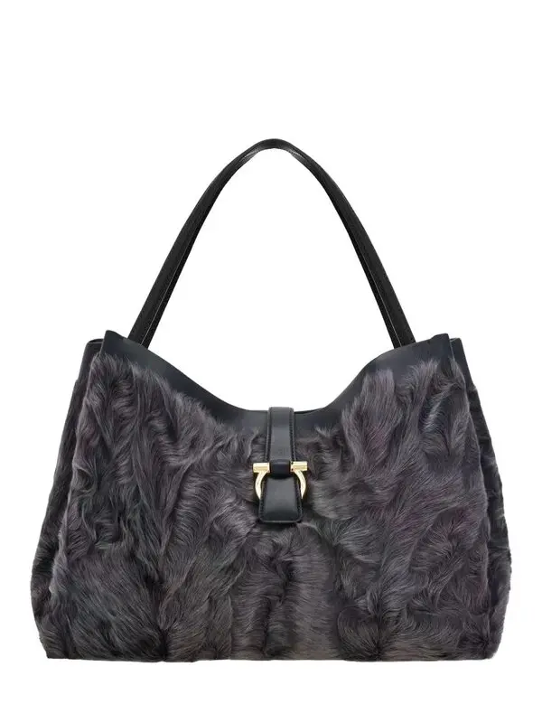 FERRAGAMO Large Fur-embellished Top-handle Tote Bag - Grey