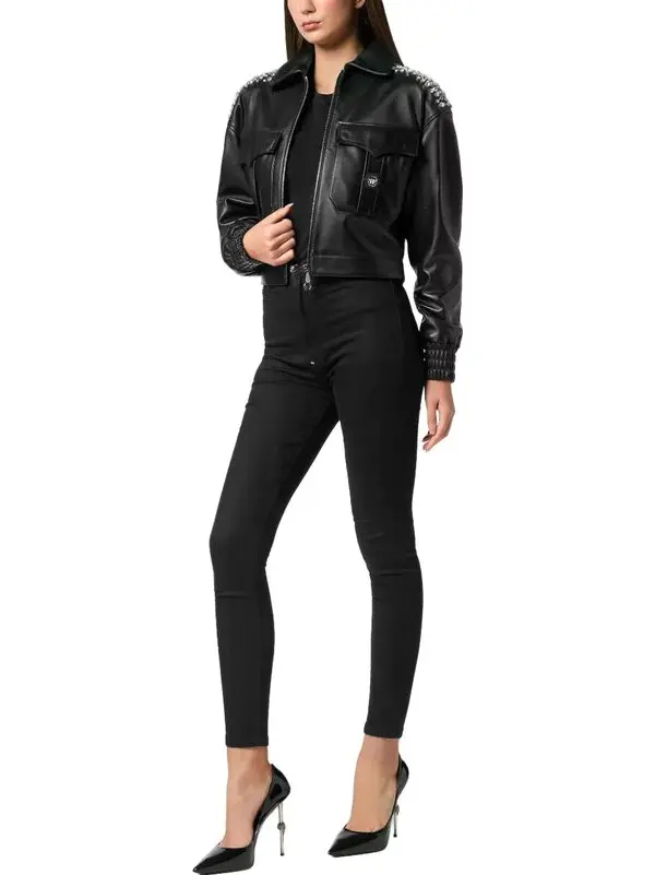 Philipp Plein Deluxe Signature Embellished Leather Bomber Jacket - Black