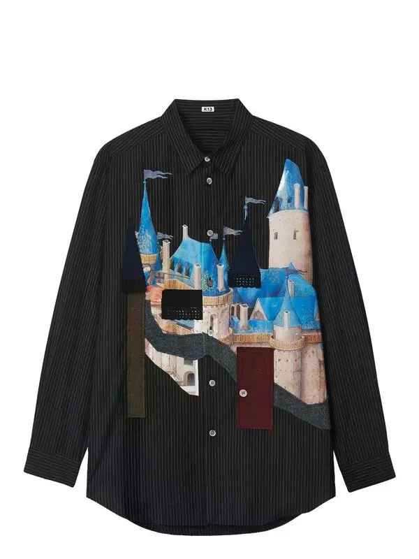 KHOKI Striped Castle-detail Shirt - Black