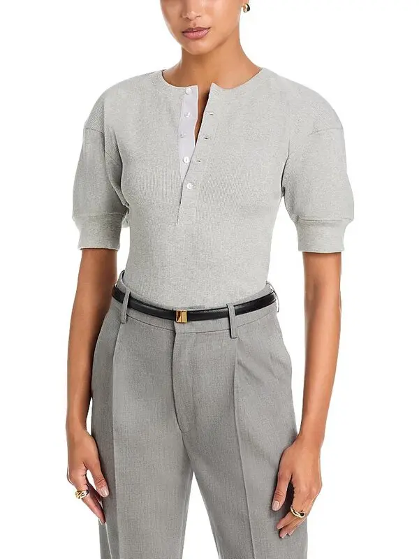 Victoria Beckham Ribbed Henley Top - Grey Marl
