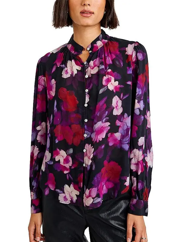Bella Dahl Shirred Mandarin Collar Blouse - Berry Bloom