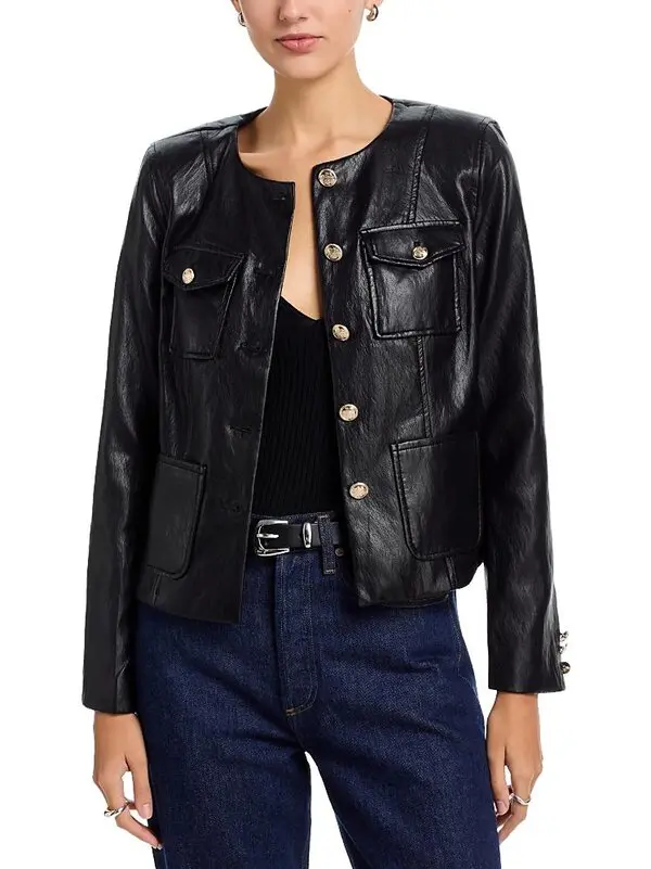 T Tahari Collarless Faux Leather Jacket - Black
