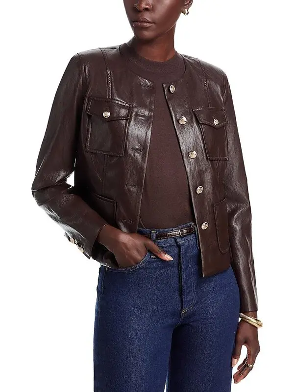T Tahari Faux Leather Collarless Jacket - Espresso Bean