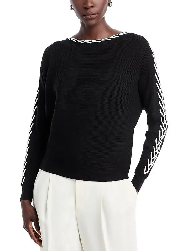 T Tahari Whipstitch Dolman Sleeve Sweater - Black/white