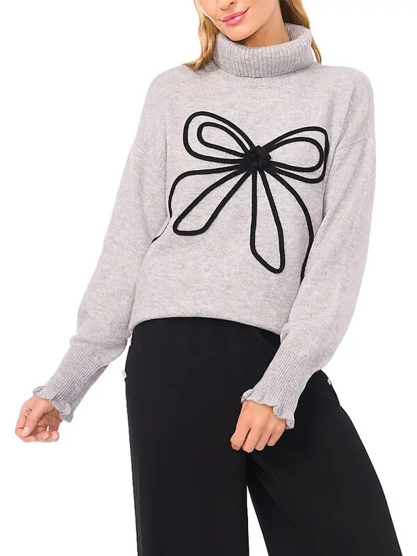 CECE DUPRAZ Embroidered Ribbon Turtleneck Sweater - Light Heather Grey