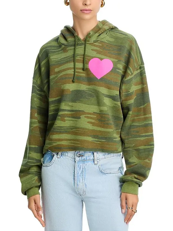 Aviator Nation Heart Camouflage Cropped Hoodie - Camo/neon Pink