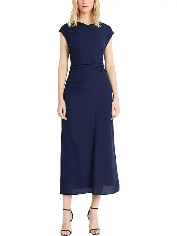LUXELY Short Sleeve Ruched Bias Cut Midi Dress - Evening Blue
