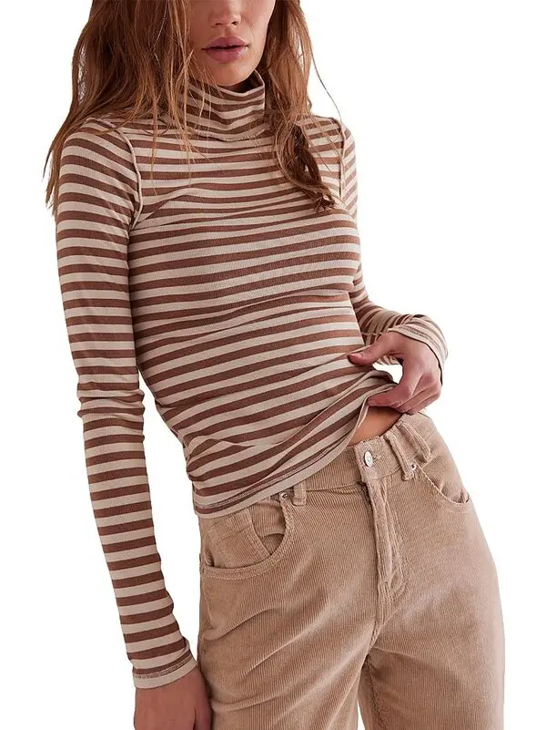 Free People Striped Turtleneck Tee - Otter/tea