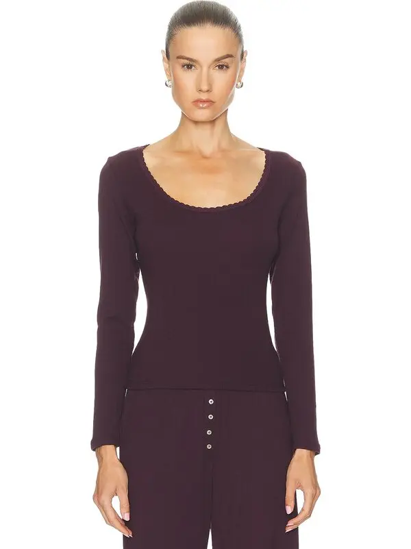 LESET Pointelle Long Sleeve Top - Dark Berry