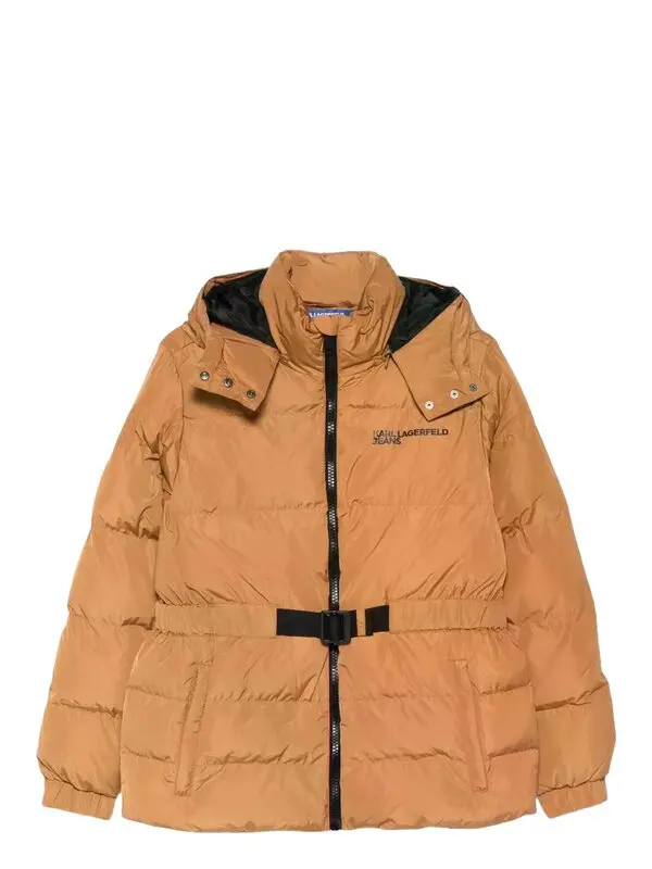 Karl Lagerfeld Hooded Belted Puffer Jacket - Brown