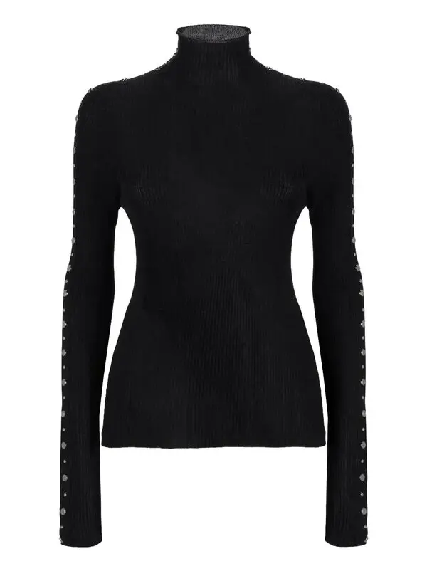 LANEUS Ribbed Turtleneck Embellished Sweater - Black