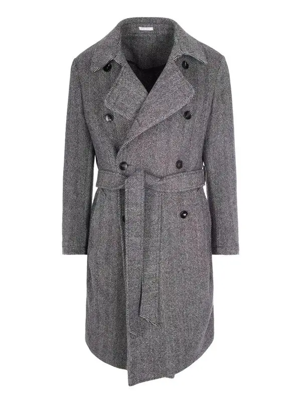 BRERAS MILANO Herringbone-pattern Belted Virgin Wool Coat - Grey