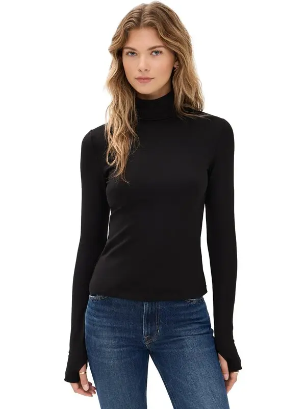 Susana Monaco Mock Neck Thumb Hole Long Sleeve Tee - Black