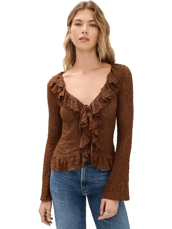 BAILEY ROSE Long Sleeve Lace Blouse With Ruffle Trim - Brown