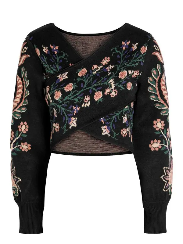 Farm Rio Marvelous Garden Floral-jacquard Knit Crop Top - Black
