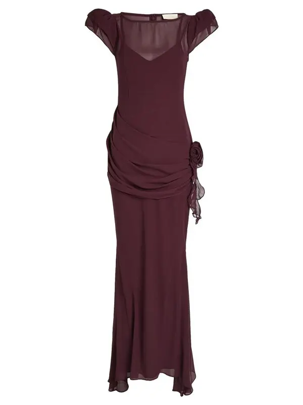 DE LA VALI Florentine Draped Chiffon Maxi Dress - Burgundy