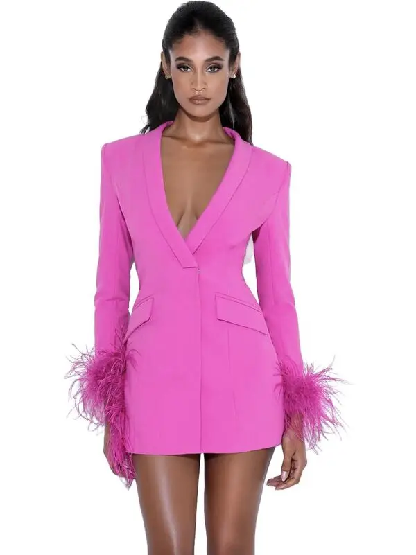 MISS CIRCLE Feather-trimmed Blazer Dress - Fuchsia
