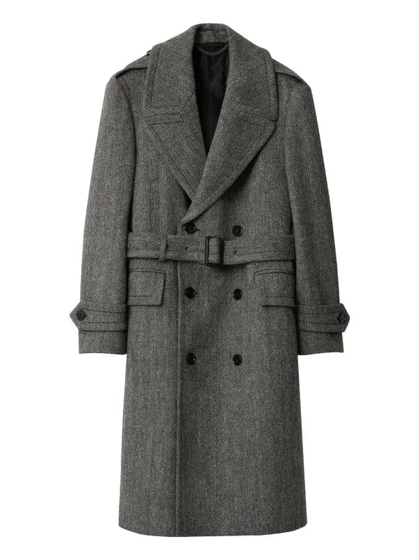 Burberry Long Herringbone Wool Trench Coat - Coal Grey/light Thistle Grey