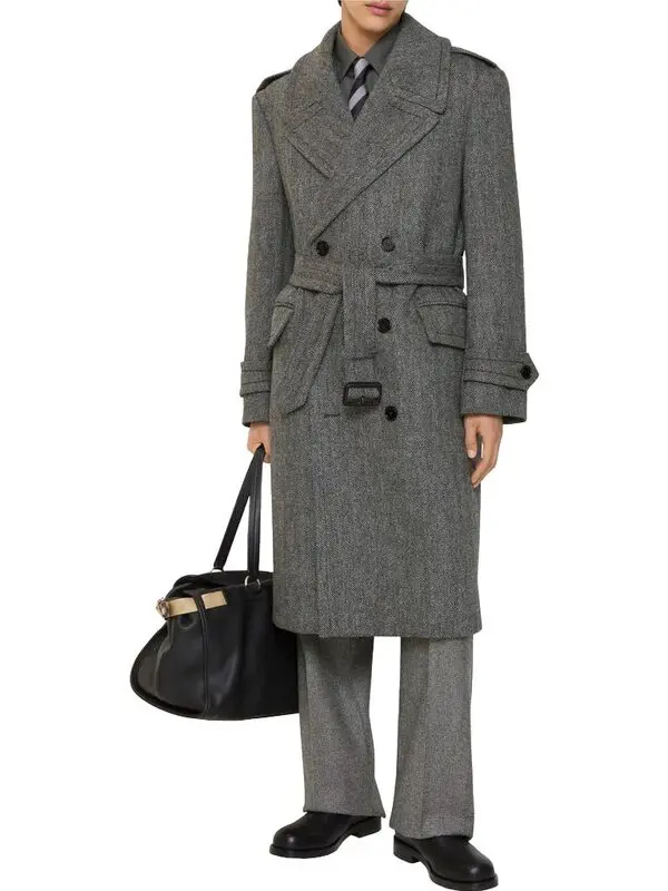 Burberry Long Herringbone Wool Trench Coat - Coal Grey/light Thistle Grey