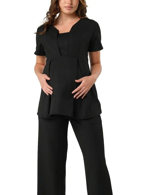 MARION Petite Short Sleeve Empire Waist Maternity & Nursing Suit Top - Black