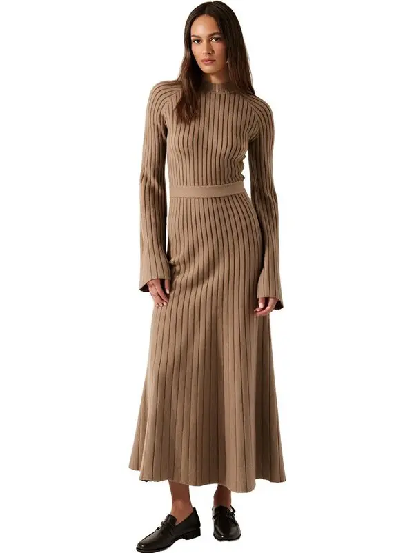 MODENAIRE Ribbed Knit Maxi Dress With Flared Cuffs - Brown