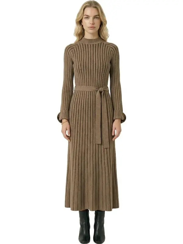 MODENAIRE Ribbed Knit Maxi Dress With Flared Cuffs - Brown