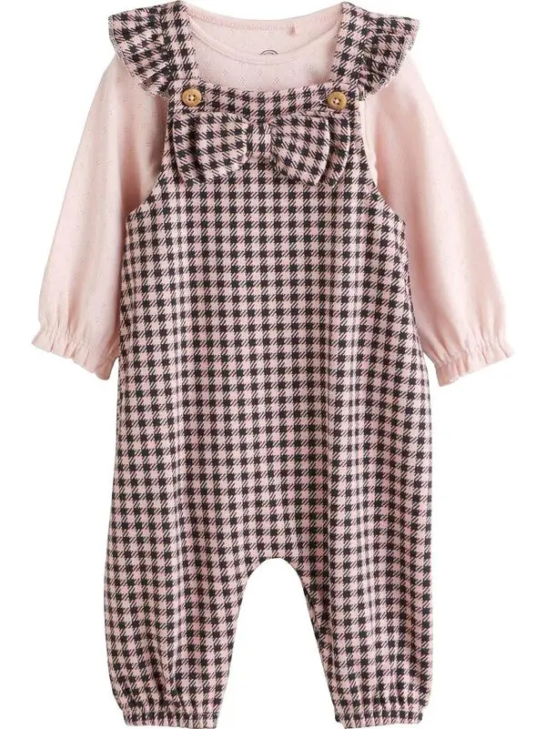 NEXT Pointelle Bodysuit And Bow Accent Check Overalls Set - Pink