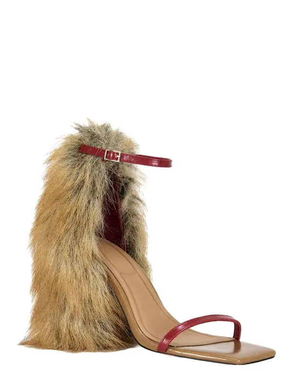 AZALEA WANG Arette Faux Fur Block Heel Sandal - Brown