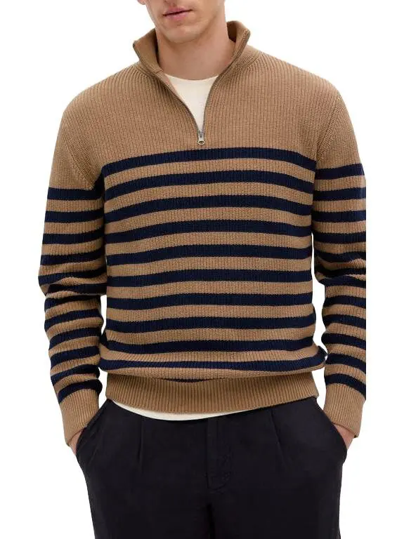 SCALPERS Striped Rib-knit Sweater With Zip - Beige Navy