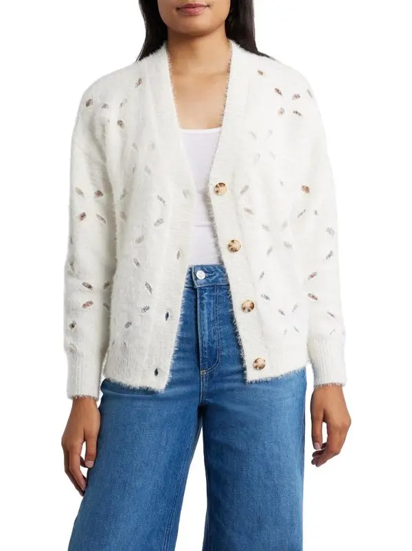 Bobeau Cutout Button-up Cardigan - Ivory