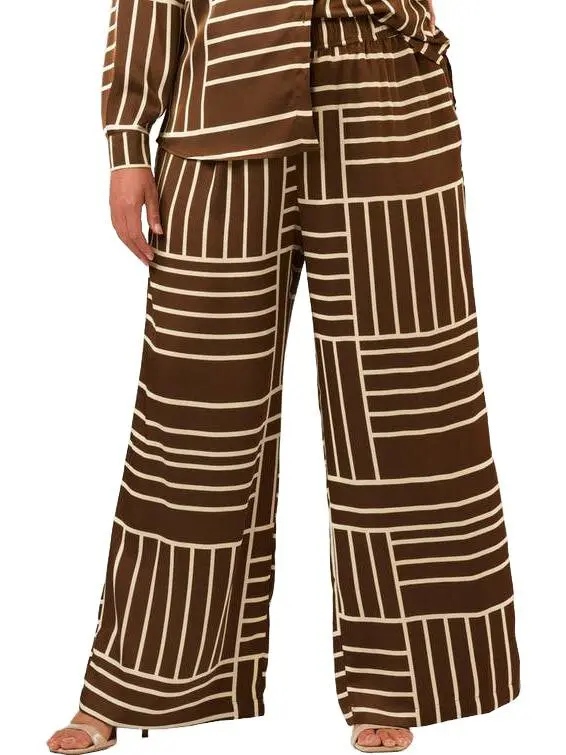 ESTELLE Josie Geo Stripe Satin Wide-leg Pants - Cedar/cream