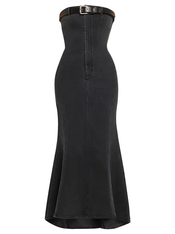 Courtney Zheng Strapless Denim Mermaid Dress With Belt - Black