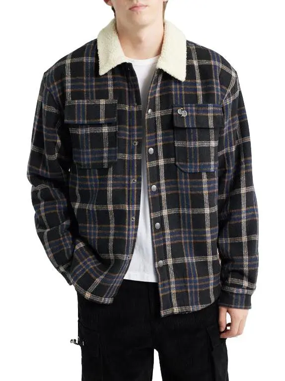 CRIMINAL DAMAGE Richmond Check Faux Shearling Shirt Jacket - Blue/black