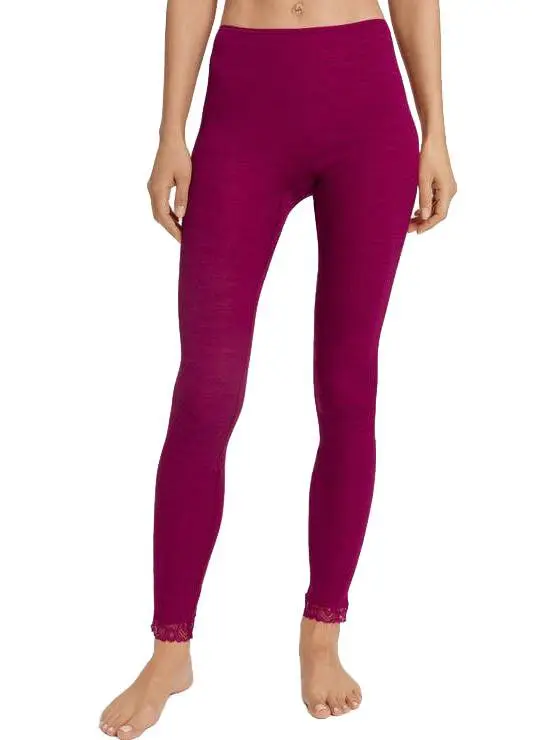 Hanro Lace Trim Merino Wool & Silk Rib Leggings - Pink Tourmaline