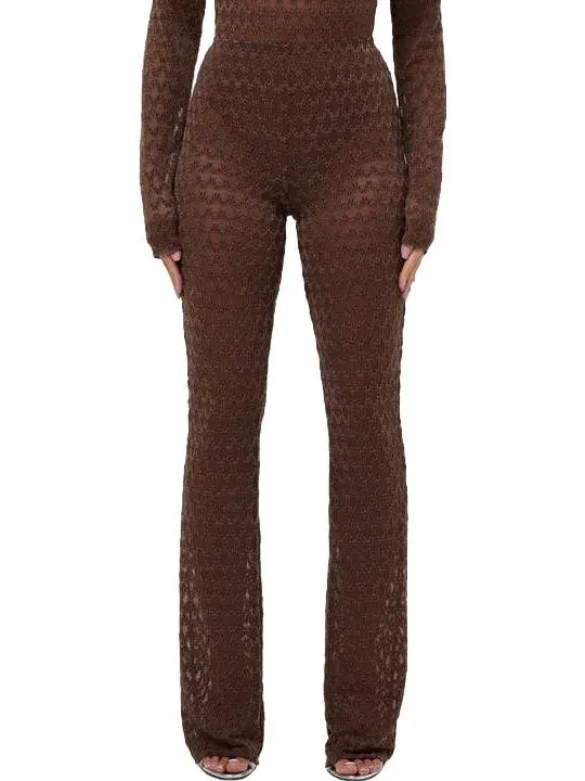 Naked Wardrobe Flocked Velvet Mesh Bootcut Pants - Chocolate