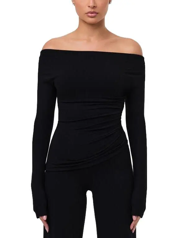 Naked Wardrobe Off-the-shoulder Ruched Long Sleeve Top - Black