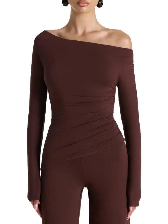 Naked Wardrobe Off-the-shoulder Ruched Long Sleeve Top - Chocolate
