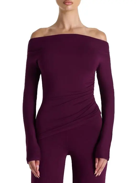 Naked Wardrobe Off-the-shoulder Ruched Long Sleeve Top - Dark Plum