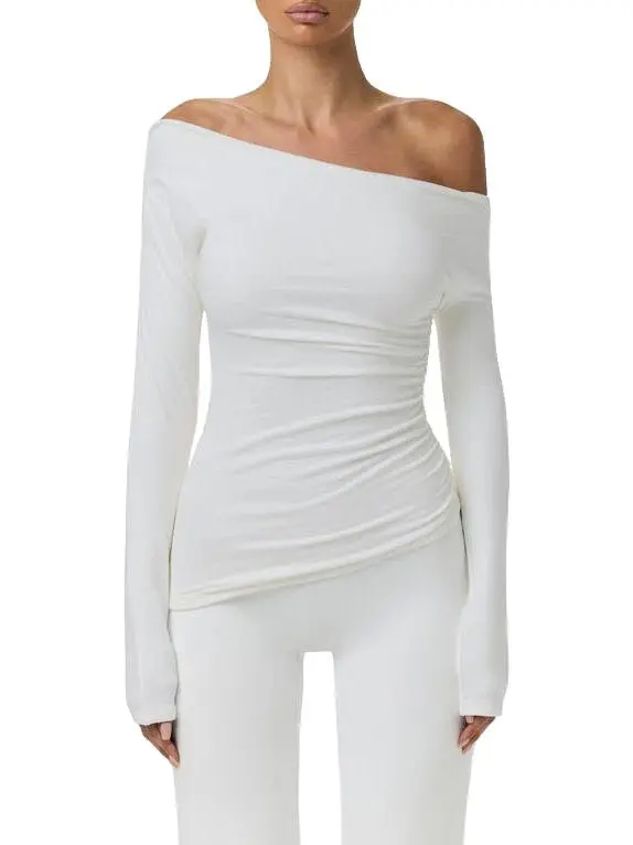 Naked Wardrobe Off-the-shoulder Ruched Long Sleeve Top - White