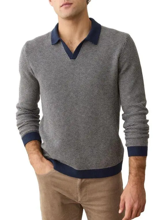 Marine Layer Liam Johnny Collar Long Sleeve Sweater Polo - Navy/driftwood