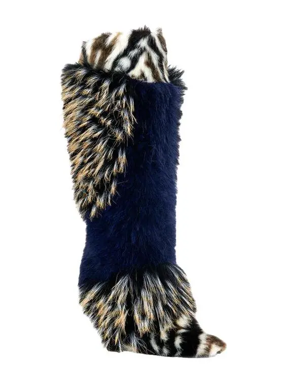 AZALEA WANG Upendo Mixed Faux Fur Stiletto Boots - Navy Multi