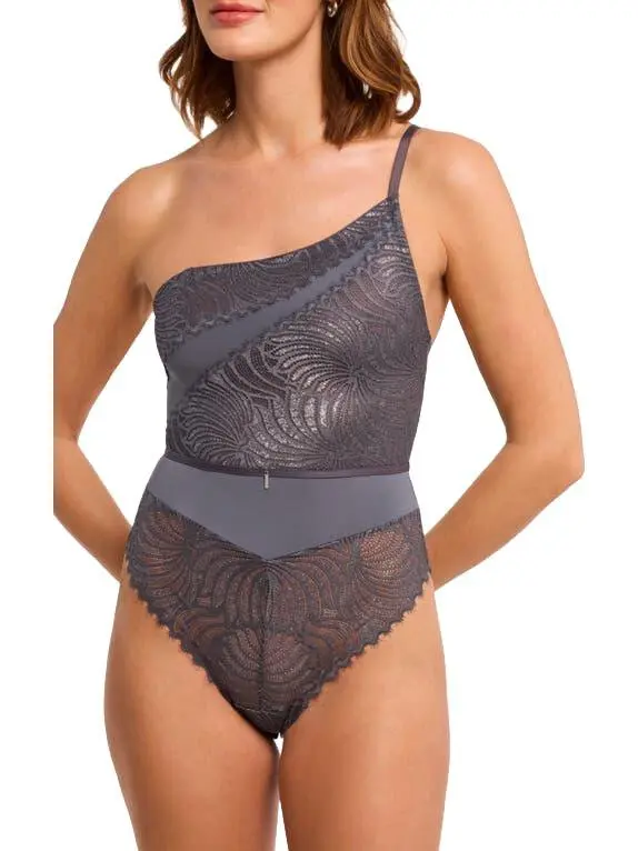 MONTELLE INTIMATES Nights Out Metallic Eyelash Lace Brazilian Bodysuit - Magnet/silver